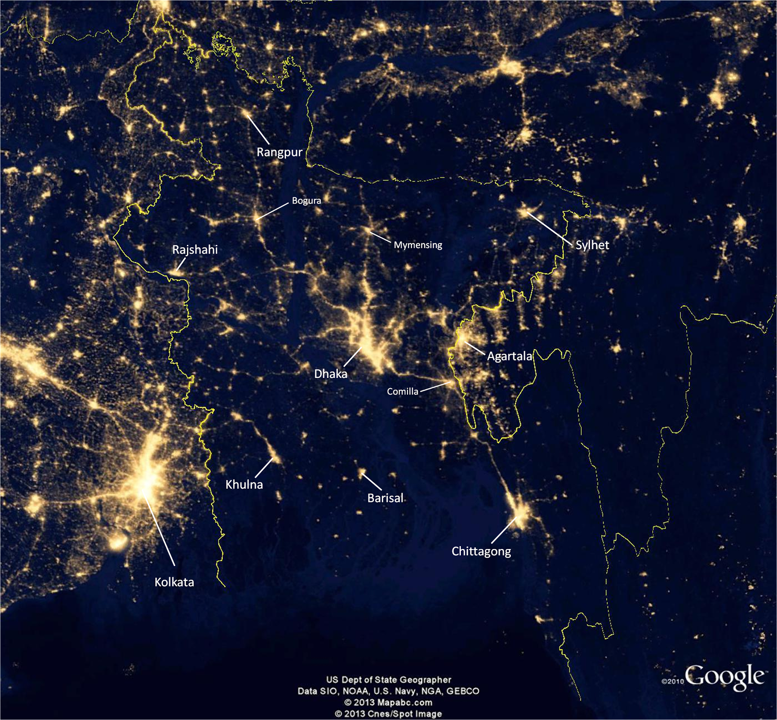 Maps of Bangladesh: Night Lights of Bangladesh - 2012