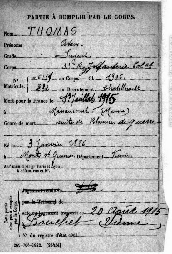 Mémoire des poilus de la Vienne: THOMAS Octave