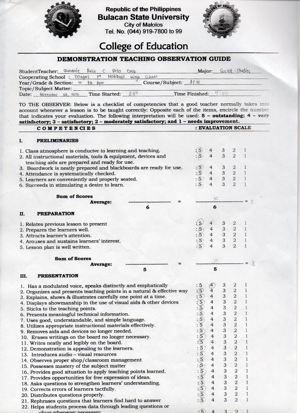 Travel Queen: Student Teaching rating Scale
