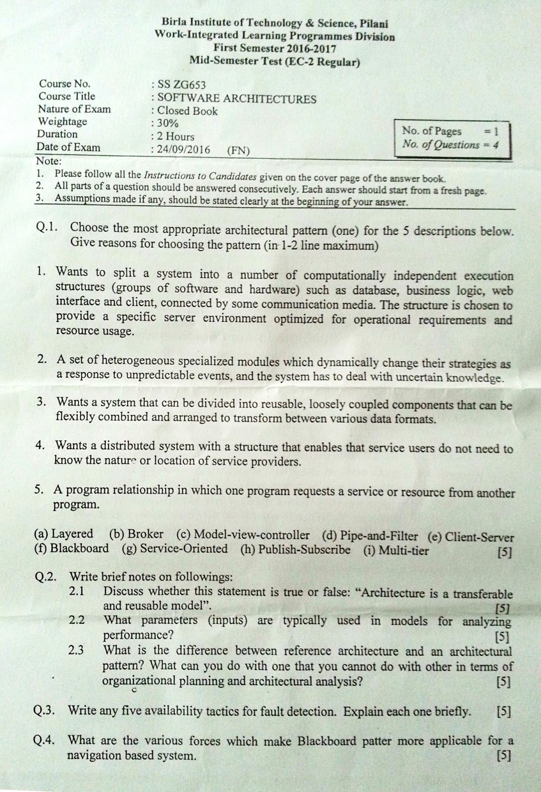 Coding Tech Life Software Architectures Mid Semester Examination Regular Question Paper 2016