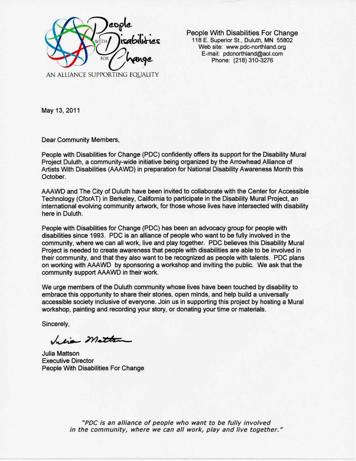 Disability Mural Project Duluth: Letter of Support from People with ...