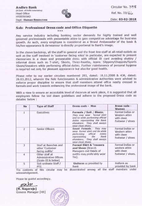 Professional Dress Code and Office Etiquette -Andhra Bank - Bank ...