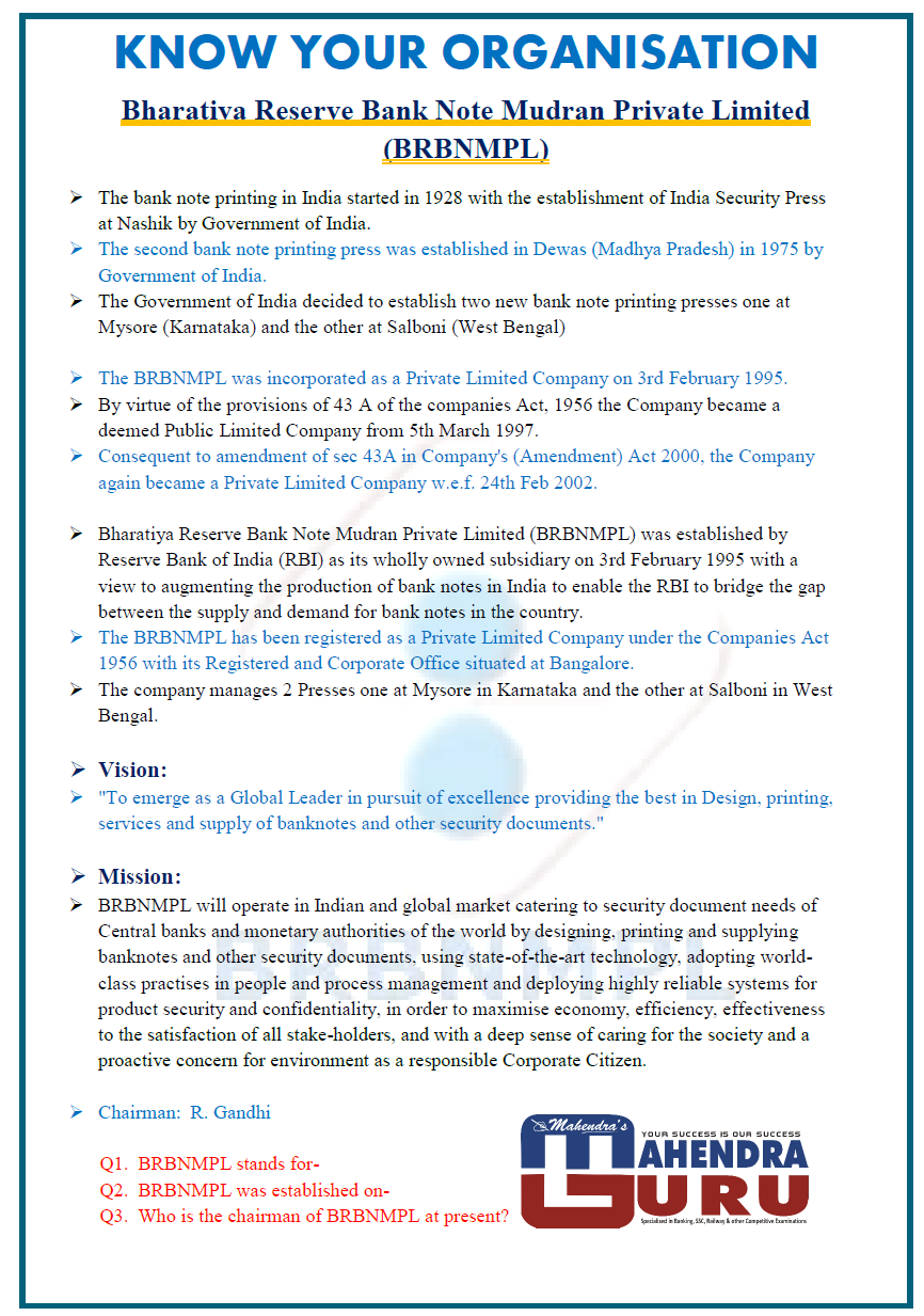 Know Your Organisation : BRBNMPL