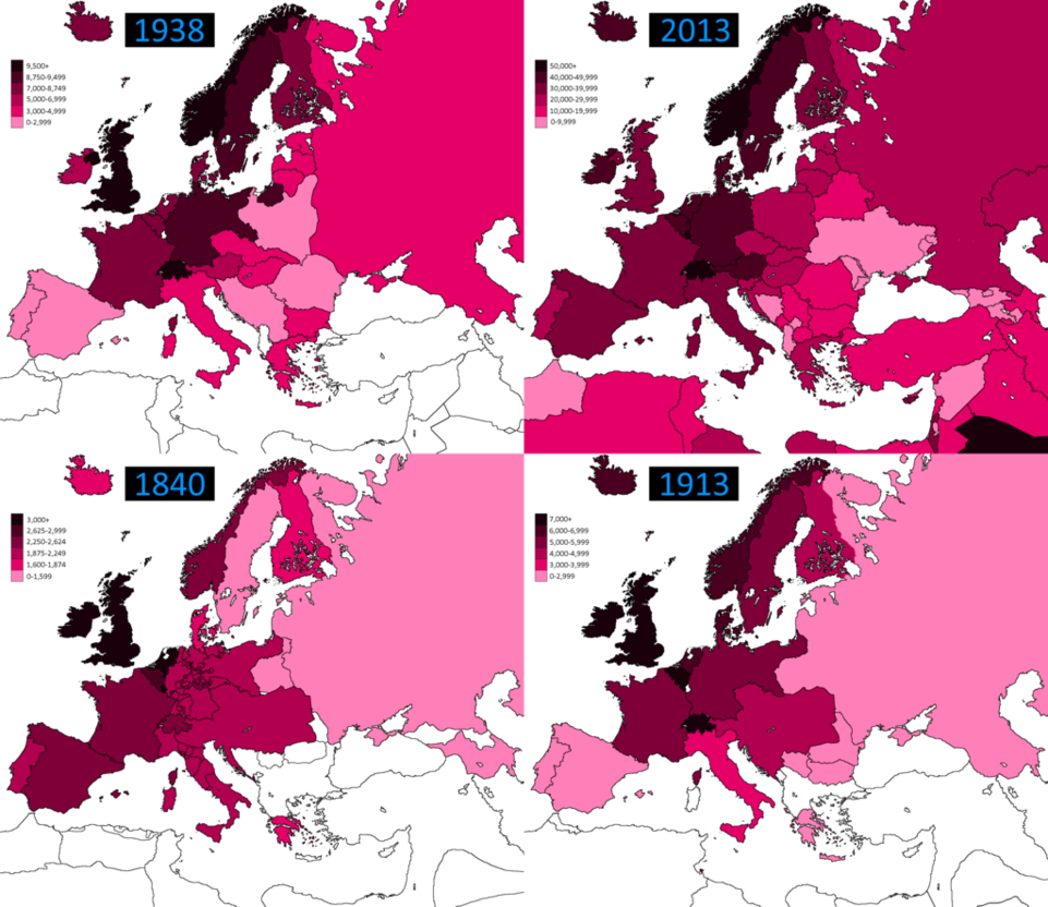 GDP per Capita Europe 1840, 1913, 1938 and 2013 - Vivid Maps