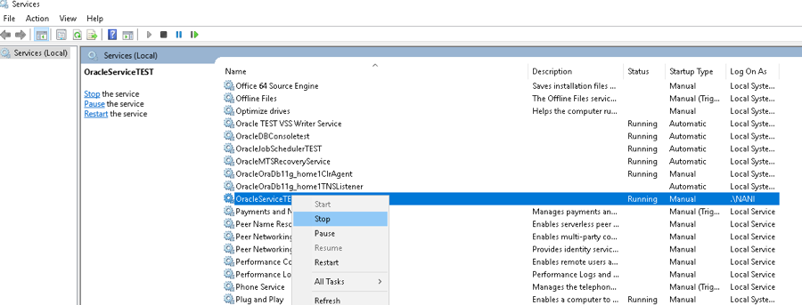 How to stop and start Oracle Database Services in Windows Server
