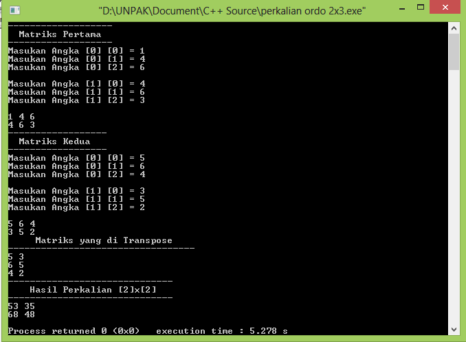 Contoh Program C++ Array Dimensi 2 Matriks Ordo 2x3 dengan 2x3