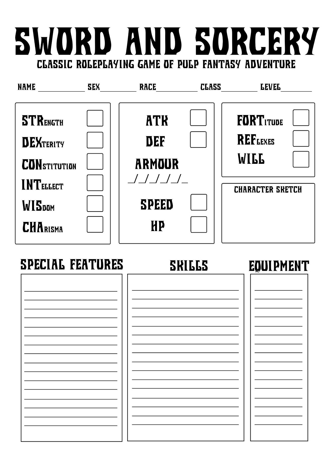 Planet Cthlol: Character sheet for my homebrew Sword and Sorcery