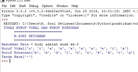 Sony Setiawan: Python memecah huruf konsonan dan vokal