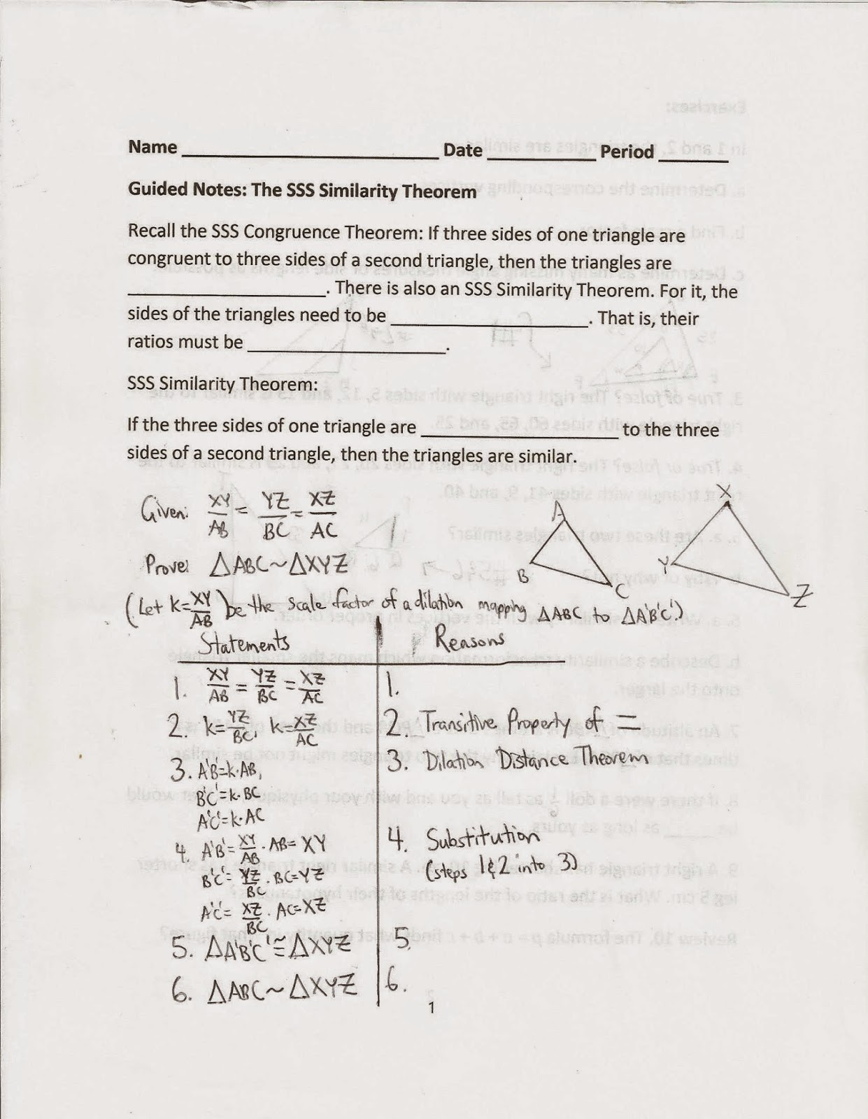 Geometry, Common Core Style: Section 12-8: The SSS Similarity Theorem ...