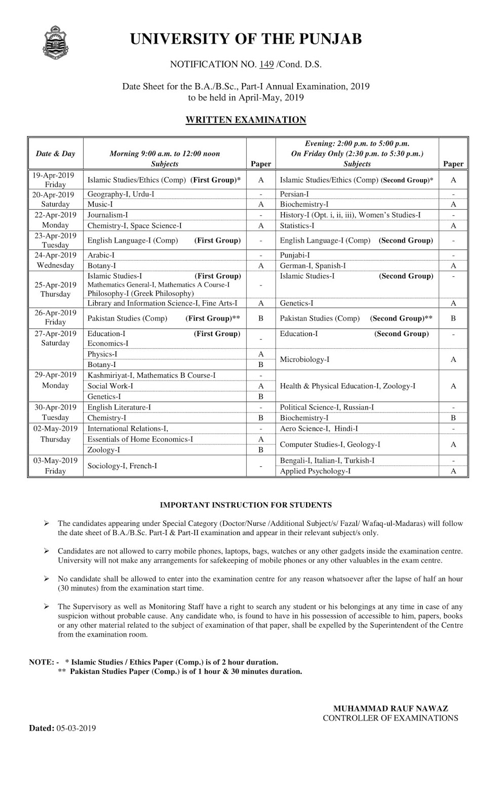 PU Punjab University BA BSc Date Sheet 2020 & Roll Number Slip Download