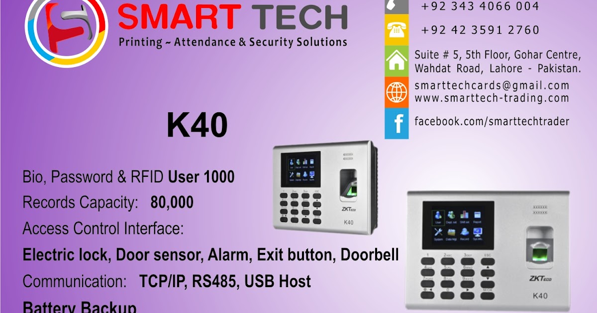 Top Cheep Price Time Attendance ZKteco K40 Bio Rfid Pin Access Control In Lahore Pakistan SMART TECH