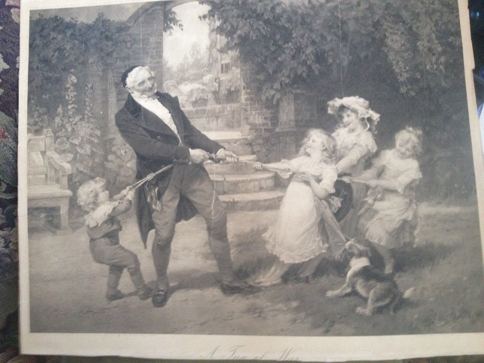 Antique Hunter: 1906 Black & White Print by Frederick Morgan: Tug of War