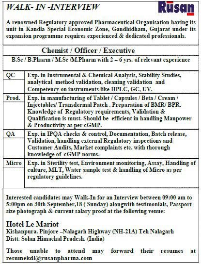 Rusan Pharma Ltd - Walk-Ins for QC / QA / Production / Micro on 30th ...