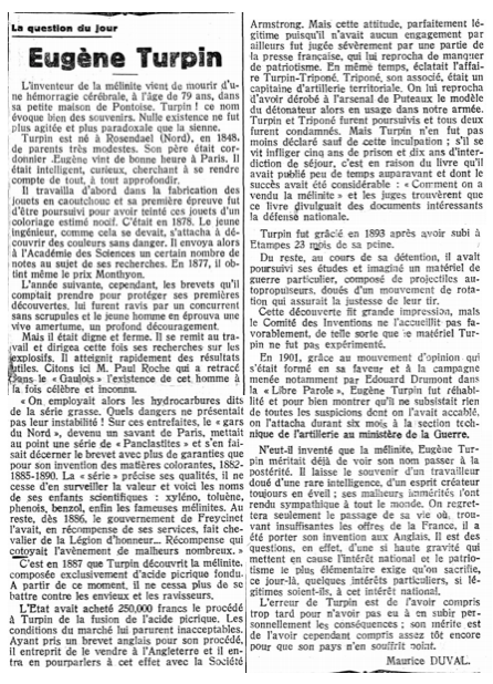Eugène Turpin (1848 - 1927): Le décès d'Eugène Turpin