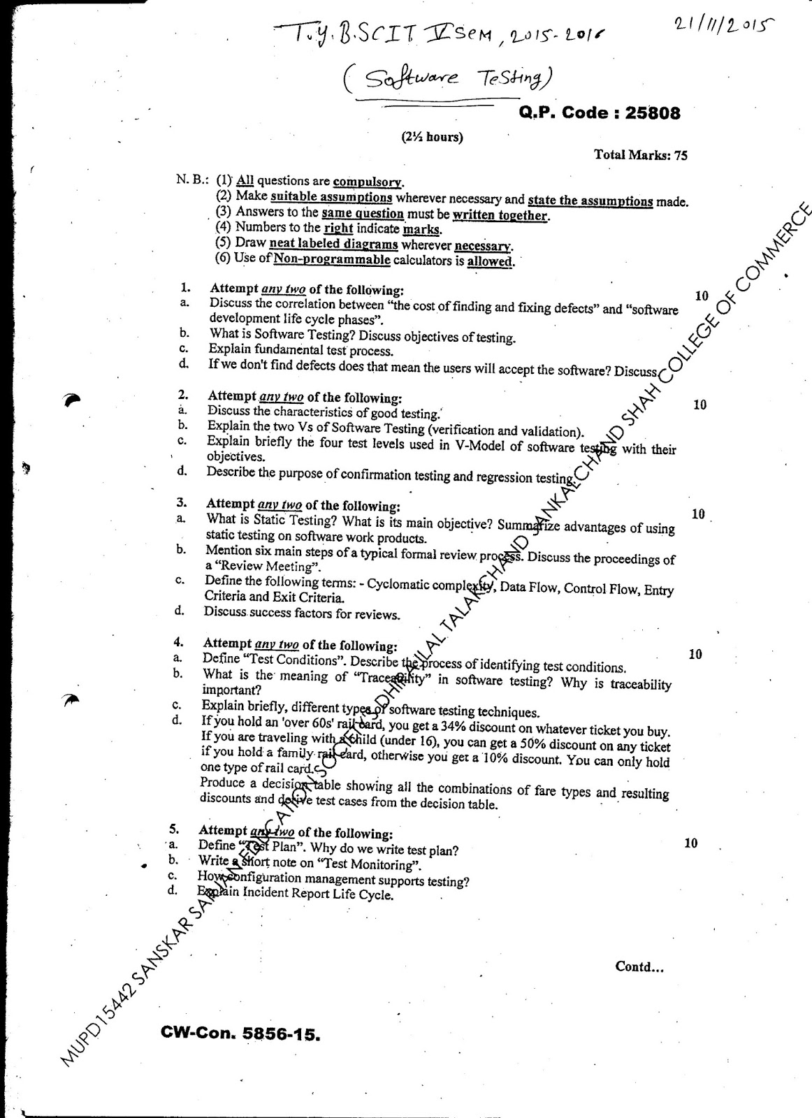 Question Papers Collection: BSc IT Sem V 18/11/2015