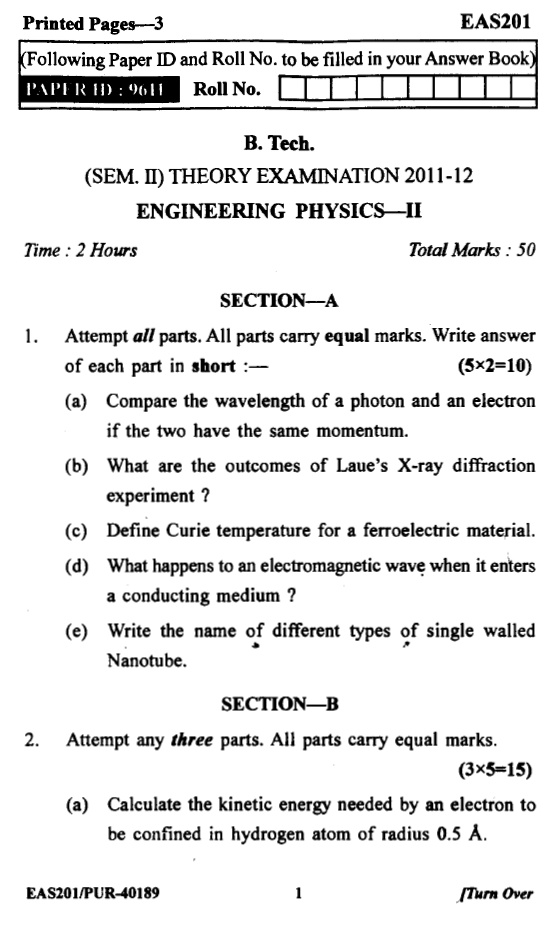 Engineering Physics-II Mahamaya Technical University 2012 Question ...