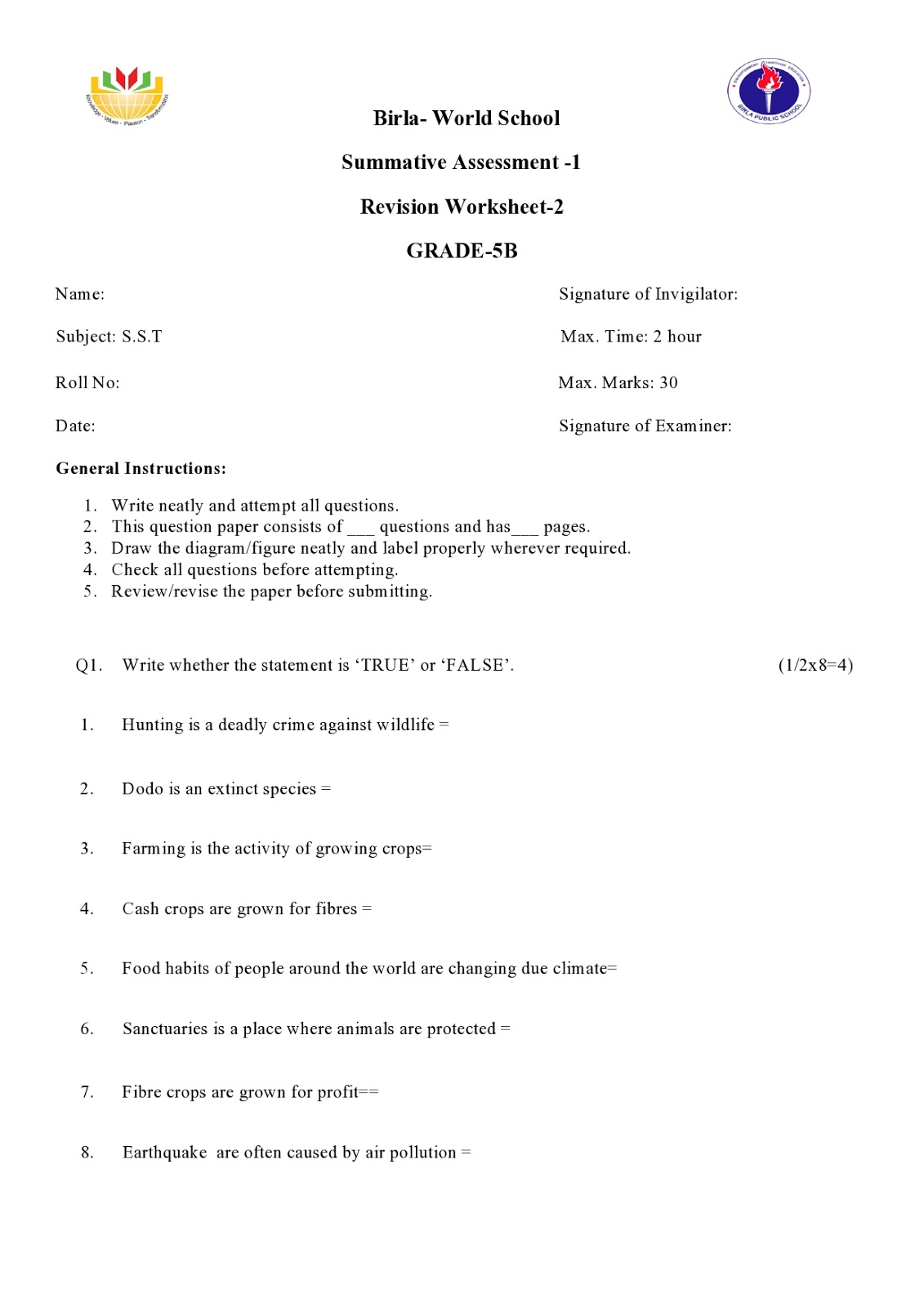 Birla World School Oman: Revision Worksheets for Grade 5 B
