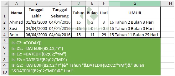 CARA MENGHITUNG UMUR DENGAN MS EXCEL