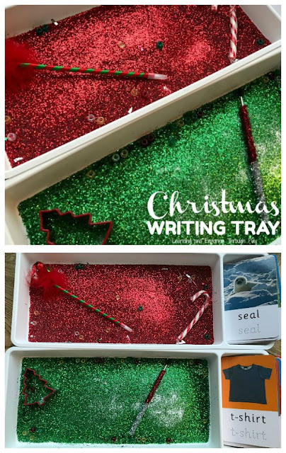 Learning and Exploring Through Play: Christmas Mark Making Glitter Tray