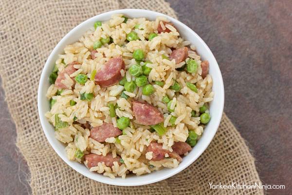 One pot kielbasa and rice with peas | Yankee Kitchen Ninja