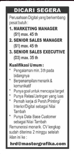 Lowongan kerja marketing sales manager di jakarta koran kompas agustus ...