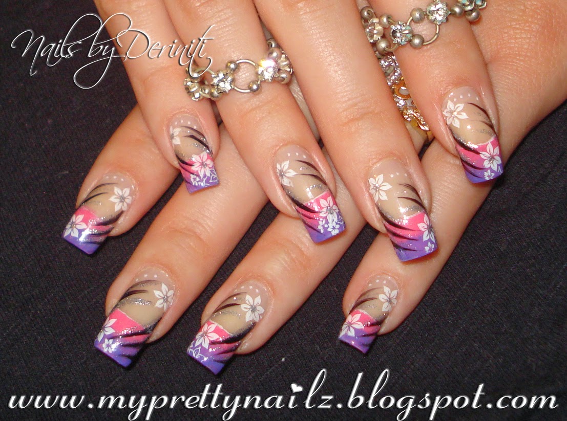 Pretty Purple and Pink Ombre French Tips with Flowers