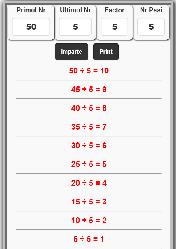 Tabla Impartirii online cu numarul / nr 1, 2, 3, 4, 5, 6, 7, 8, 9, 10 etc