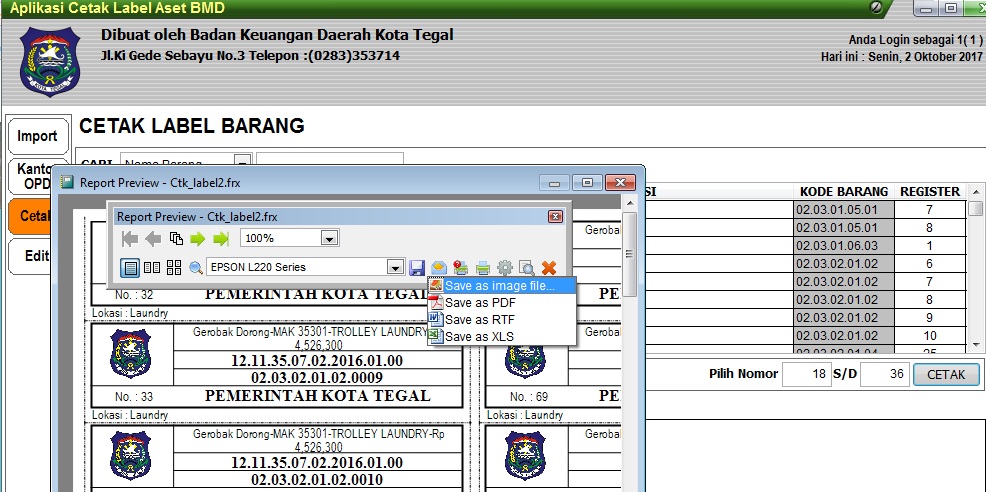 Fitur Aplikasi Cetak Label BMD ~ Aset Pemerintah Daerah