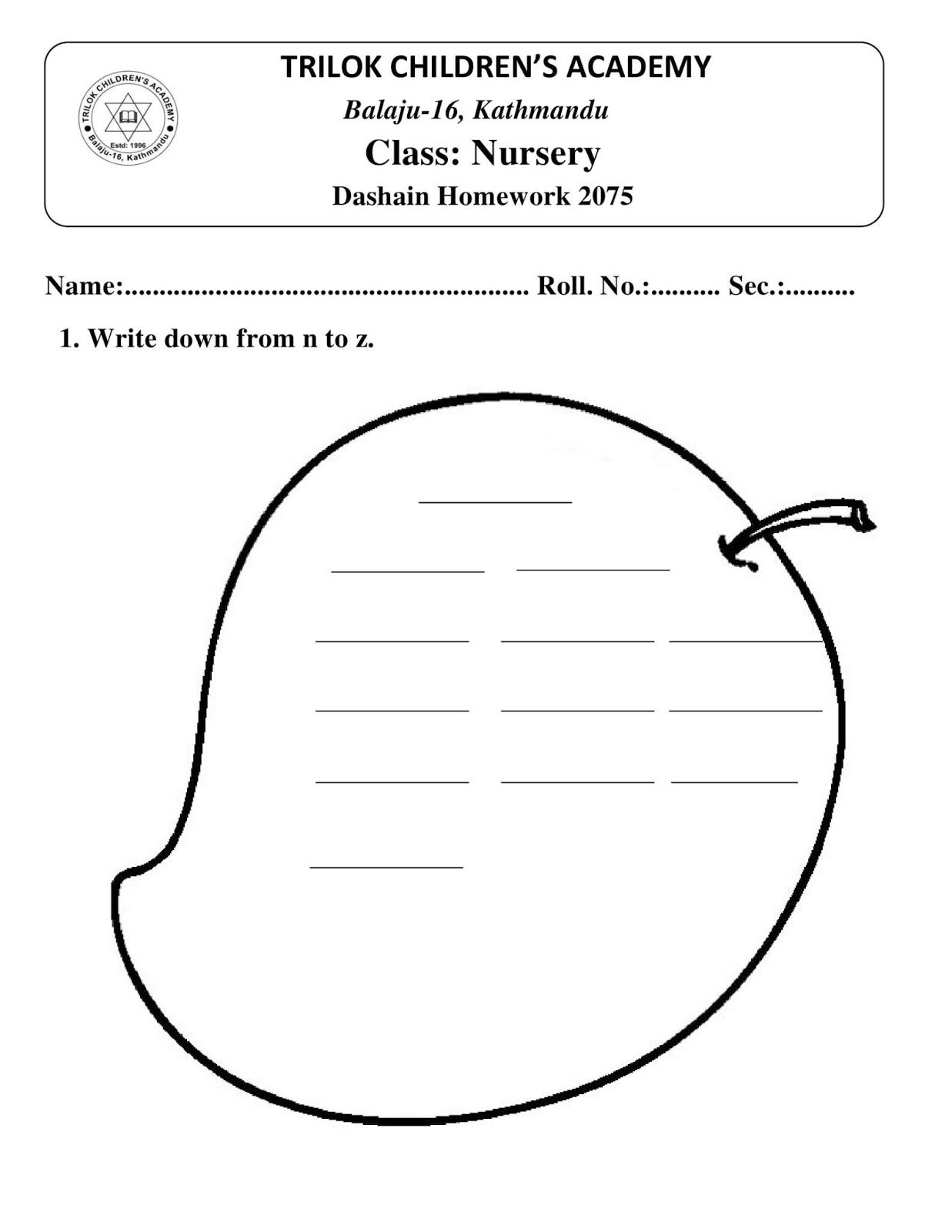 TRILOK SCHOOL: Dashain Homework 2075 - Nursery