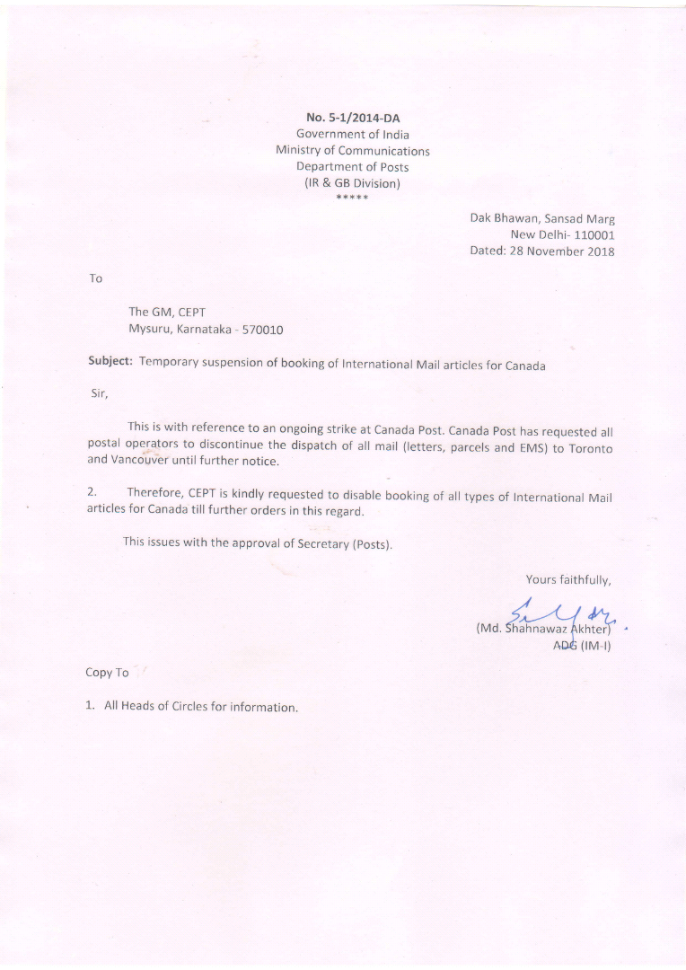 Temporary Suspension of Booking of International Mail Articles for ...