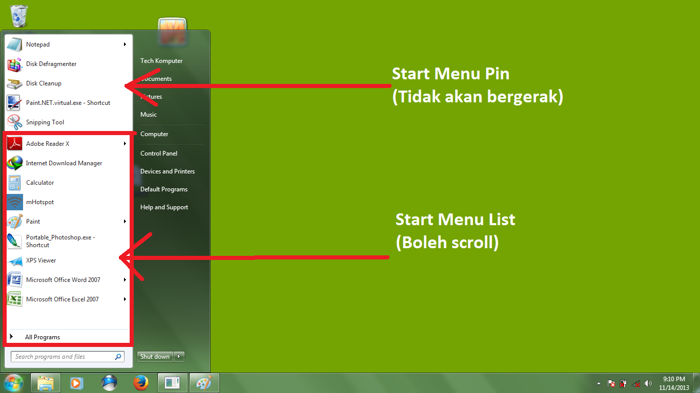 Tech Komputer: Cara Letak Folder Di Start Menu List [Tutorial]