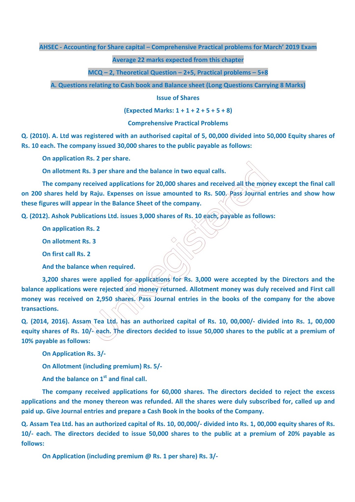 AHSEC - CLASS 12: ACCOUNTING FOR SHARE CAPITAL QUESTION BANK (COVERING ...