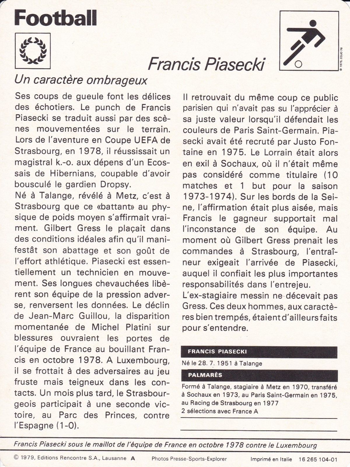 Football Yesterday & Today: Francis Piasecki (Fiche Football)