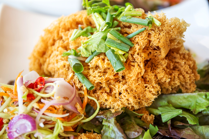 Yum Pla Duk Fu (Crispy Fluffy Fish w/ Green Mango Salad)