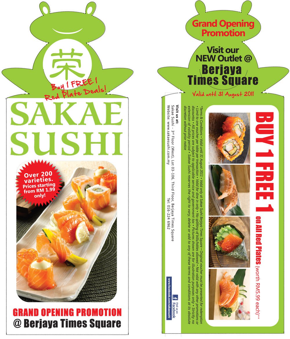 Malaysia Freebies: Sakae Sushi Grand Opening Buy 1 Free 1 Promotion at ...
