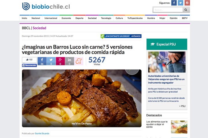 Aparición en Prensa, Bio Bio Chile - No vivo de pasto