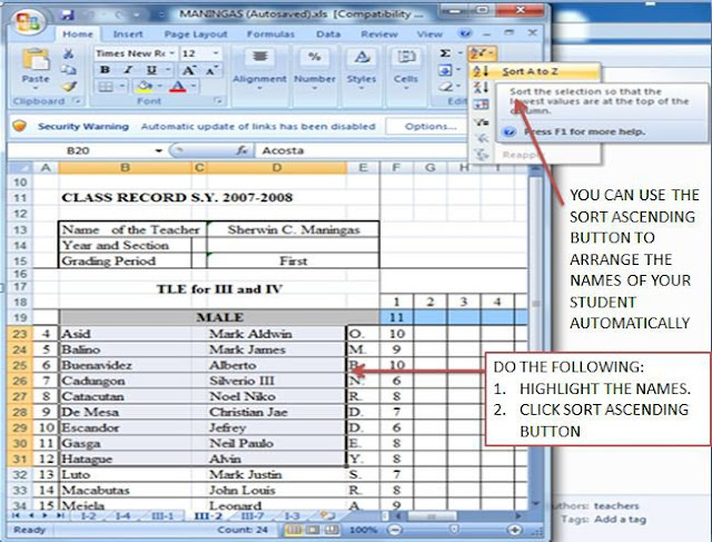Sir Sherwin's Computer Tutorial: Grading Sheet for teachers