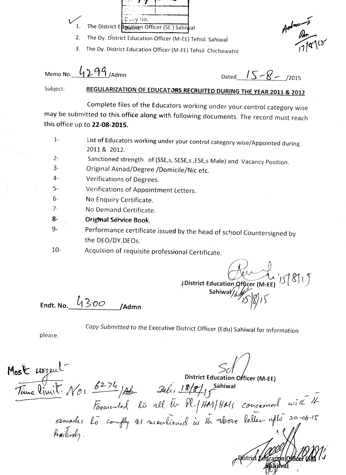 Regularization of Educators 2011 & 2012 Letter No. 6274/Admn Dated 18 ...
