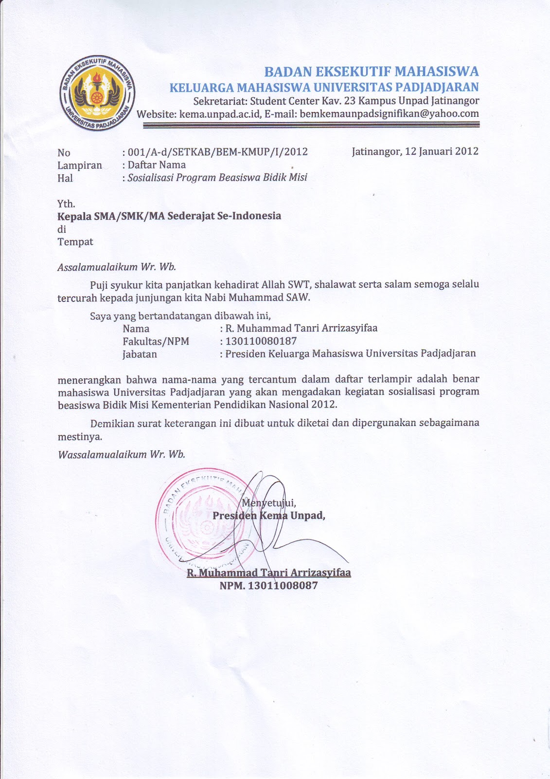 Kulawargi Mahasiswa Bidik Misi Universitas Padjadjaran: Surat ...