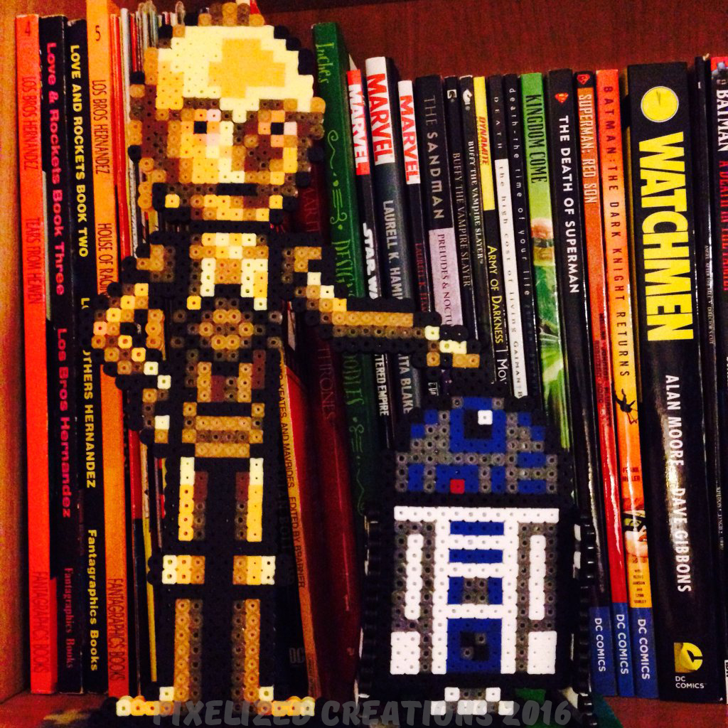 Pixelized Creations: C3PO & R2D2 Fused Bead Pixel Art with Stands