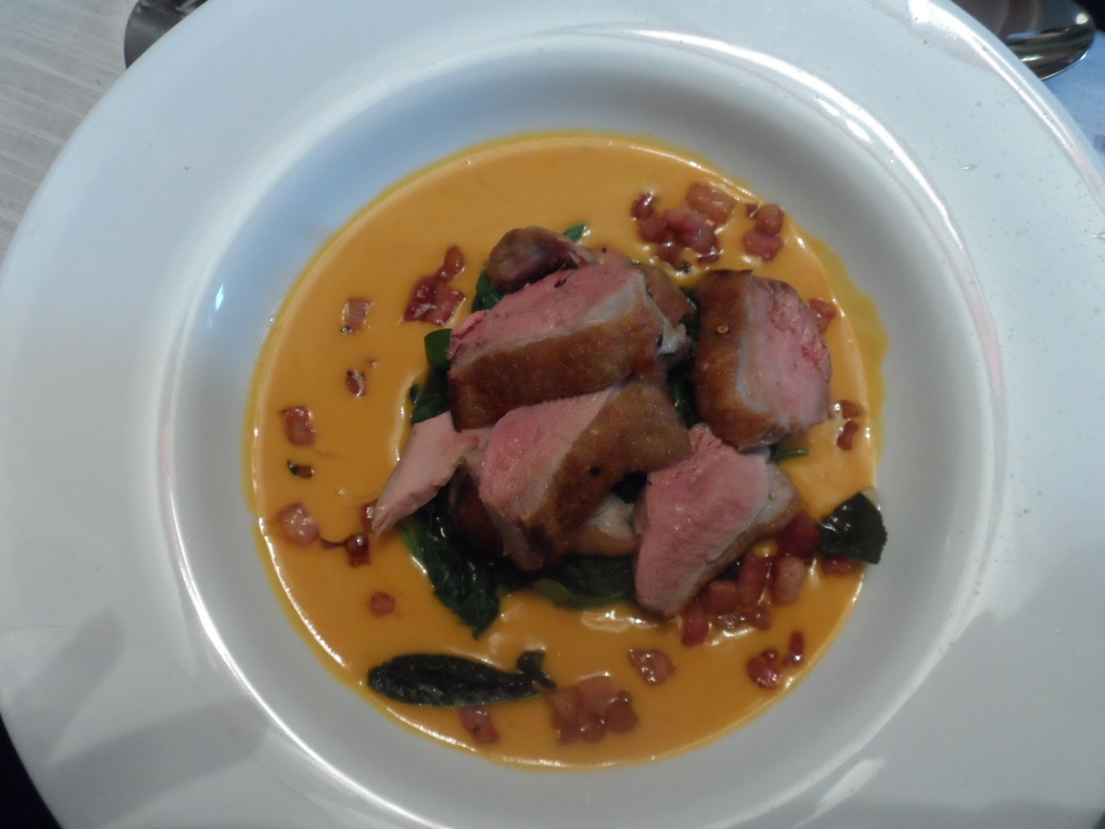 What's Cooking?: Duck breast with butternut squash veloute, spinach ...