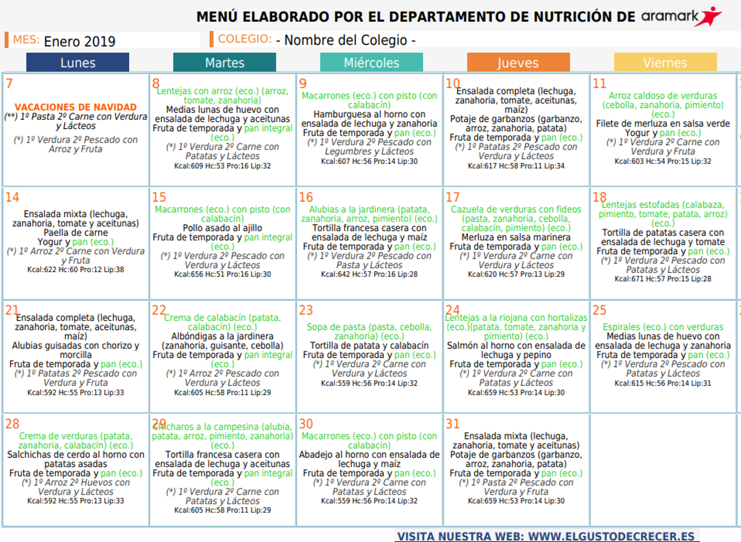 Menú comedor enero 2019 - CEIP CAMPOSOTO