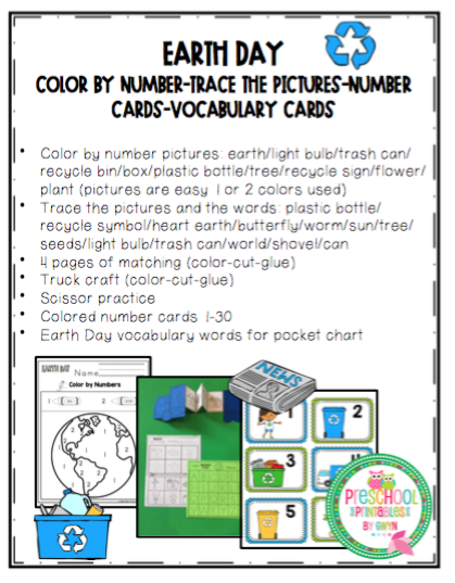 Earth Day Color by Number-Trace the Pictures and More ~ Preschool ...
