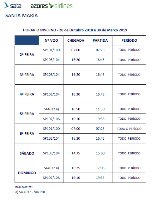 Santa Maria: Sata/Azores Airlines: Horário para Santa Maria - Inverno ...