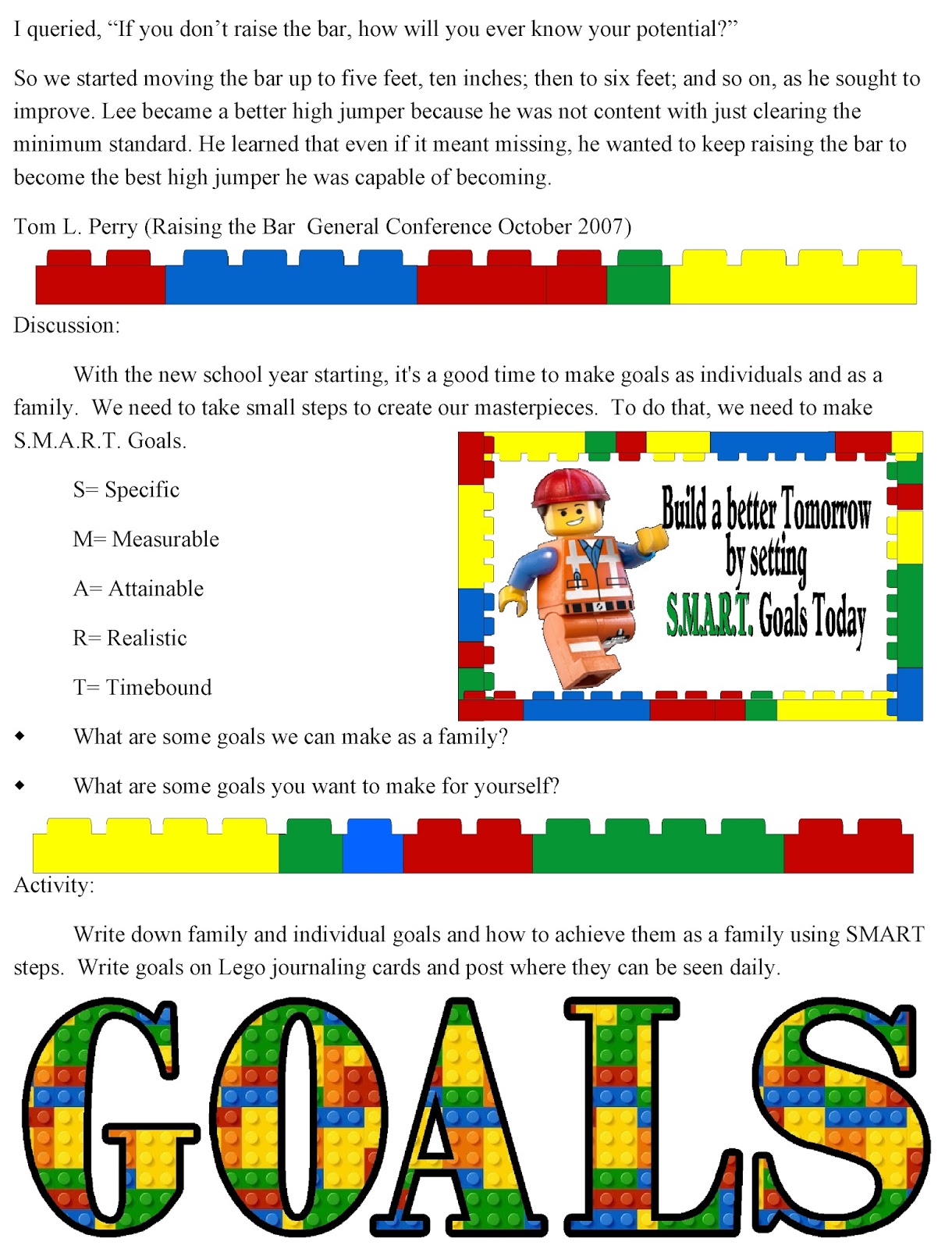 Goals Family Home Evening Lesson Using Legos | DIY Party Mom