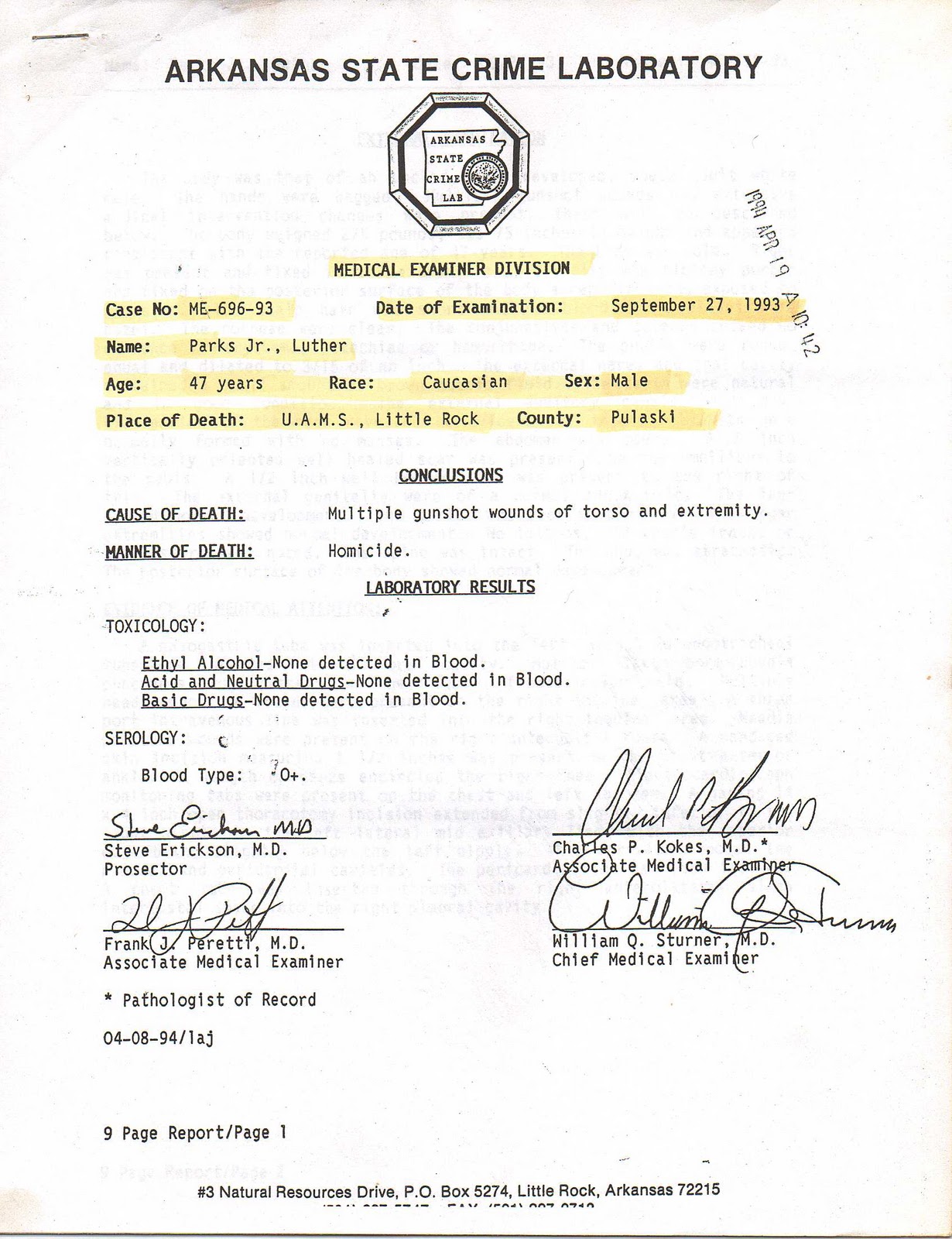 Seeking Justice For Jerry Parks: Arkansas State Crime Lab Results