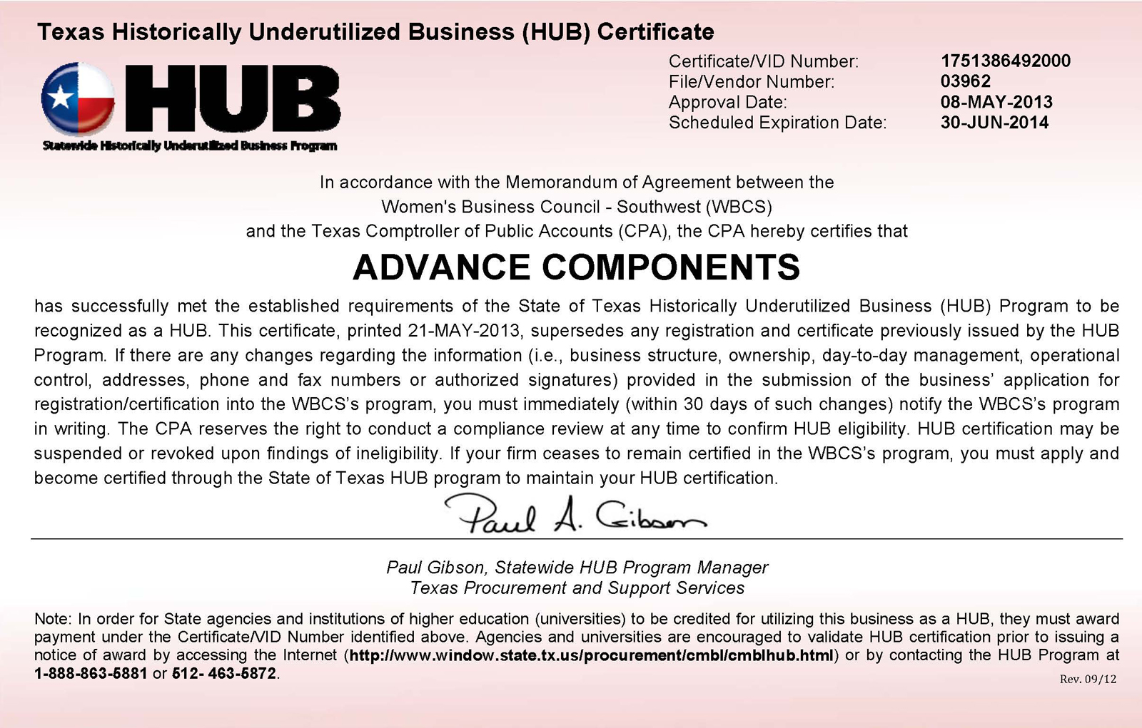 FASTEN: Texas HUB Certificate