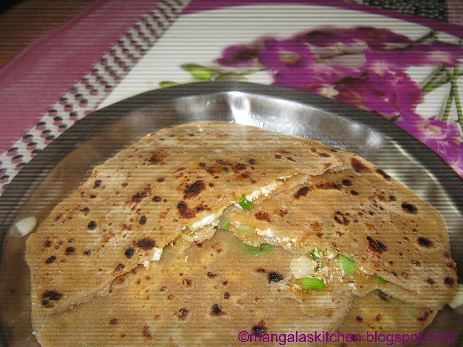 Paneer - Spring Onion stuffed Parathas - Whole Wheat Paneer Parathas ...