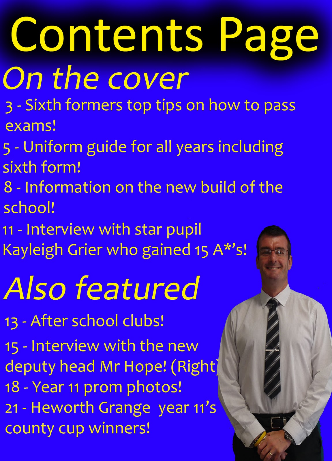 Shannon's Media Blog.: Front cover and contents page of my school magazine.