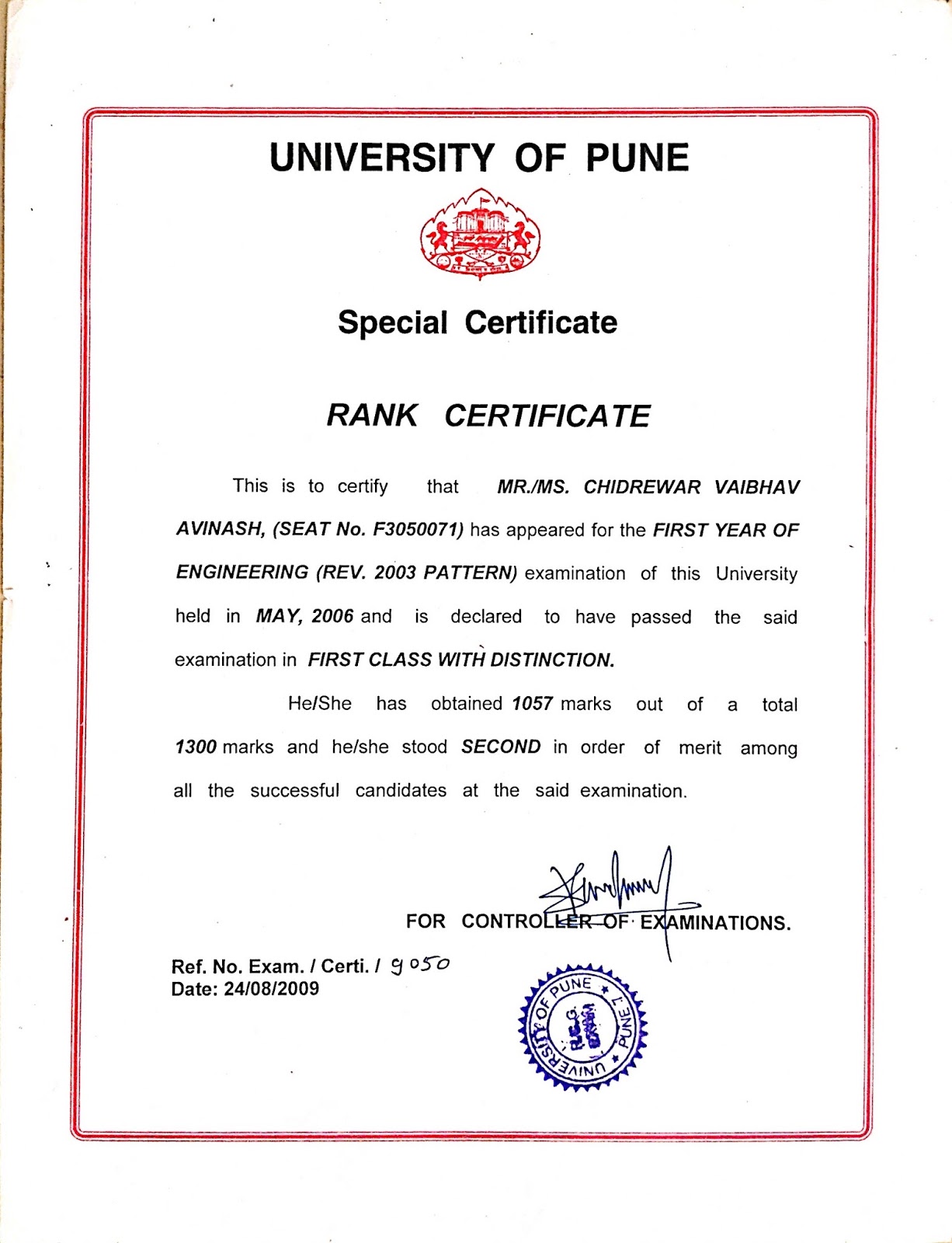 Vaibhav Chidrewar: University Rank Certificates